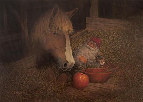 Julkort tomte sover i stall A6 format - Nostalgiska.se